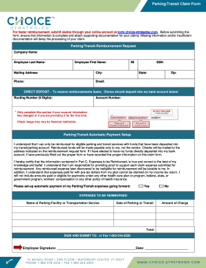 Fillable Online Parking/Transit Claim Form - Choice Strategies Fax ...