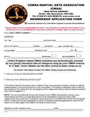 Fillable Online Cobra martial arts association (cmaa) membership ...