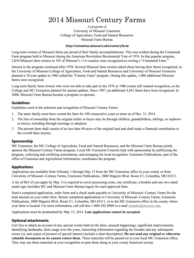 Fillable Online extension missouri 2014 Missouri Century Farms A ...