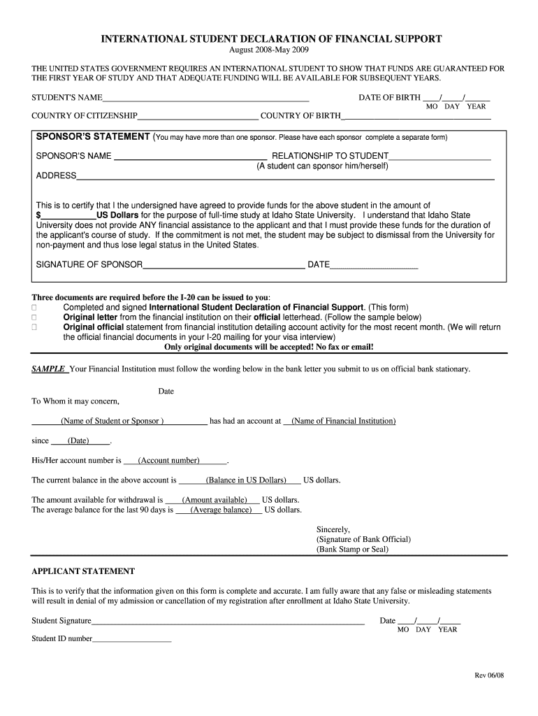 Fillable Online wwws isu INTERNATIONAL STUDENT DECLARATION OF FINANCIAL ...