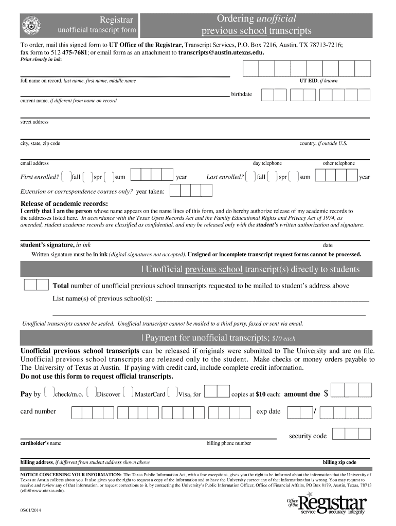 Fillable Online registrar utexas Ordering unofficial previous school transcripts - Office of the ...
