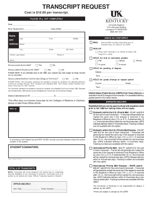 Fillable Online uky Transcript Request Form - University of Kentucky ...