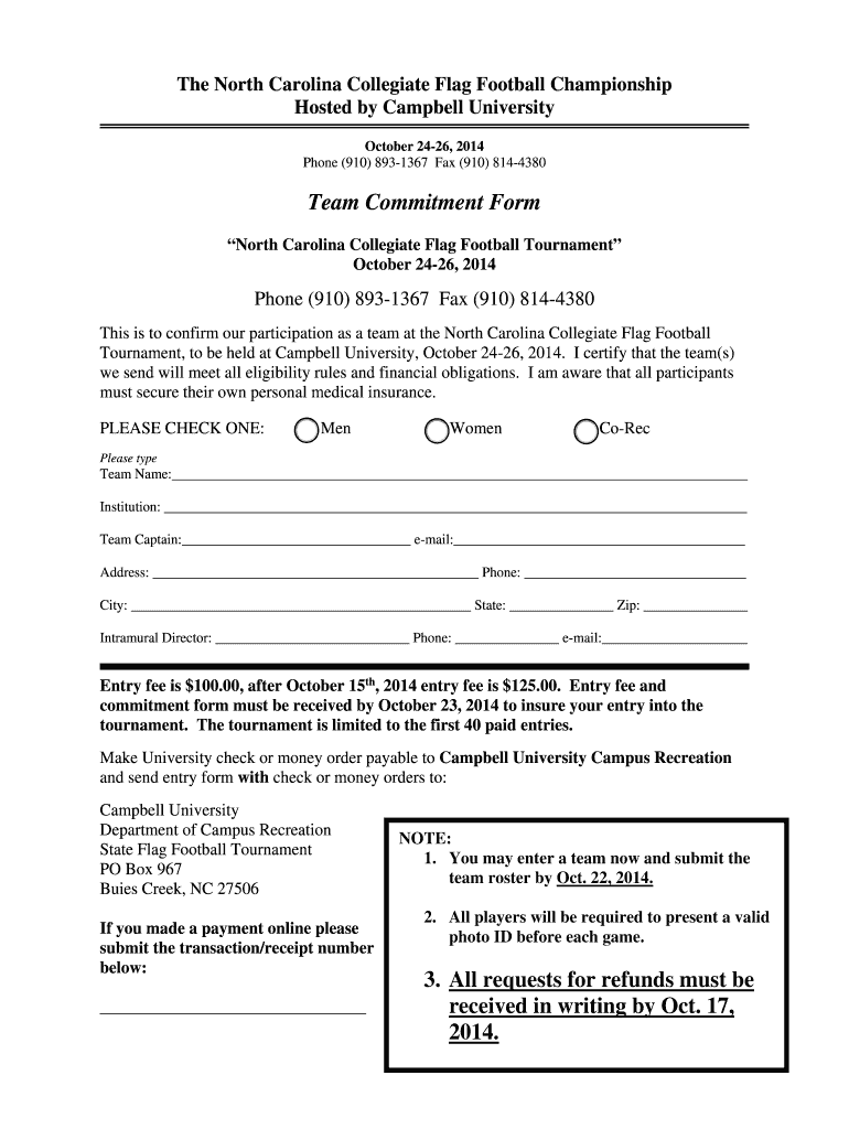 Fillable Online campbell Team Commitment Form - Campbell University Fax ...