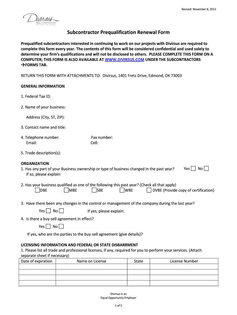 Fillable Online Subcontractor Prequalification Renewal form (Existing ...
