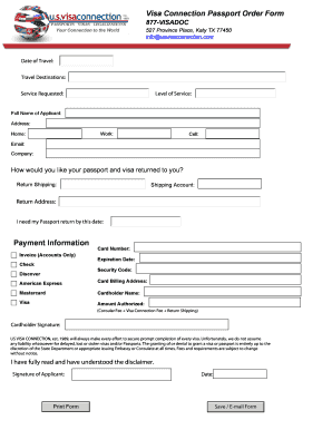 Fillable Online Payment Information Visa Connection Passport Order Form ...