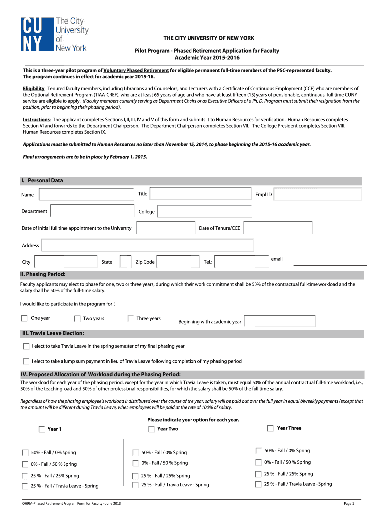 Fillable Online citytech cuny Phased Retirement Application for Faculty ...