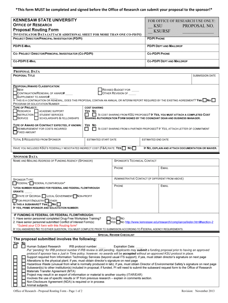 Fillable Online kennesaw Proposal Routing Form.09 11 13 - Kennesaw ...