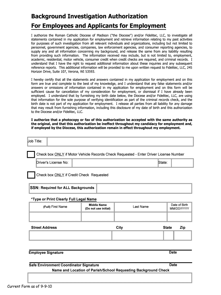 Fillable Online madisondiocese Background Investigation Authorization ...