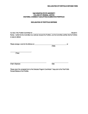 Fillable Online shsu DECLARATION OF PORTFOLIO DEFENSE FORM Fax Email ...