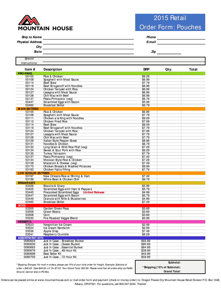 Fillable Online 2015 Retail Order Form.xlsx - Mountain House Fax Email ...
