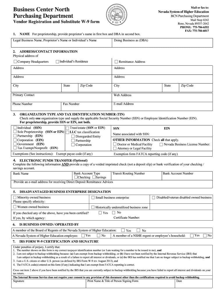 Fillable Online unr Vendor Registration and Substitute W-9 form - University of Nevada ... Fax ...