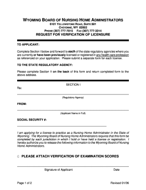 Fillable Online nha state wy License Verification Form - Board of Nursing Home Administrators ...