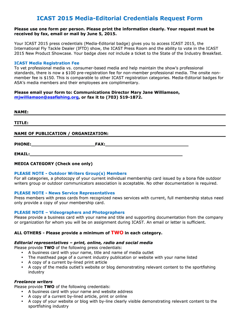 Fillable Online icastfishing ICAST 2015 Media-Editorial Credentials ...