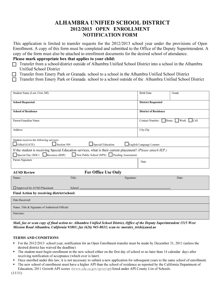 Fillable Online ausd Open Enrollment Intent 1213 - Alhambra Unified ...