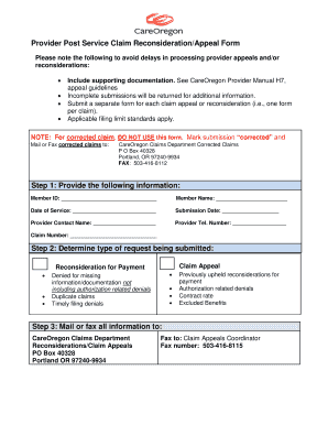 Fillable Online careoregon Provider Post Service Claim Reconsideration Form ... - CareOregon ...