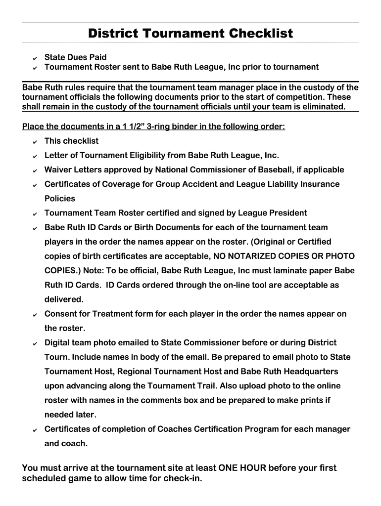 Fillable Online District Tournament Checklist Fax Email Print - pdfFiller