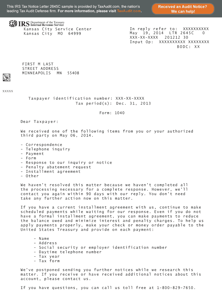 Fillable Online This IRS Tax Notice Letter 2645C sample is provided by ...