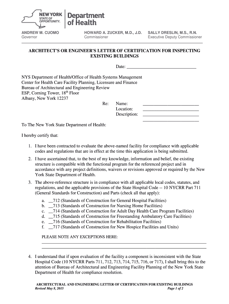 Fillable Online health ny ARCARCHITECTS OR ENGINEERS LETTER OF ...
