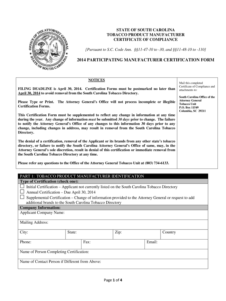 Fillable Online scag 2014 participating manufacturer certification form ...