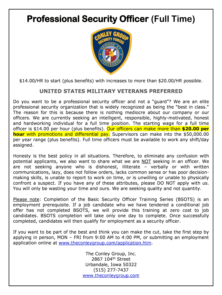 Fillable Online Professional Security Officer (Full Time) Fax Email ...