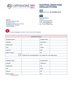 Fillable Online ewea ELECTRICAL ORDER FORM INSTALLED FITTINGS Fax Email ...