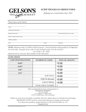 Fillable Online SCRIP PROGRAM ORDER FORM - Gelson's Fax Email Print - pdfFiller