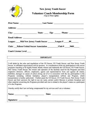 Fillable Online NJYS Volunteer Coach Membership Form - Edison United ...