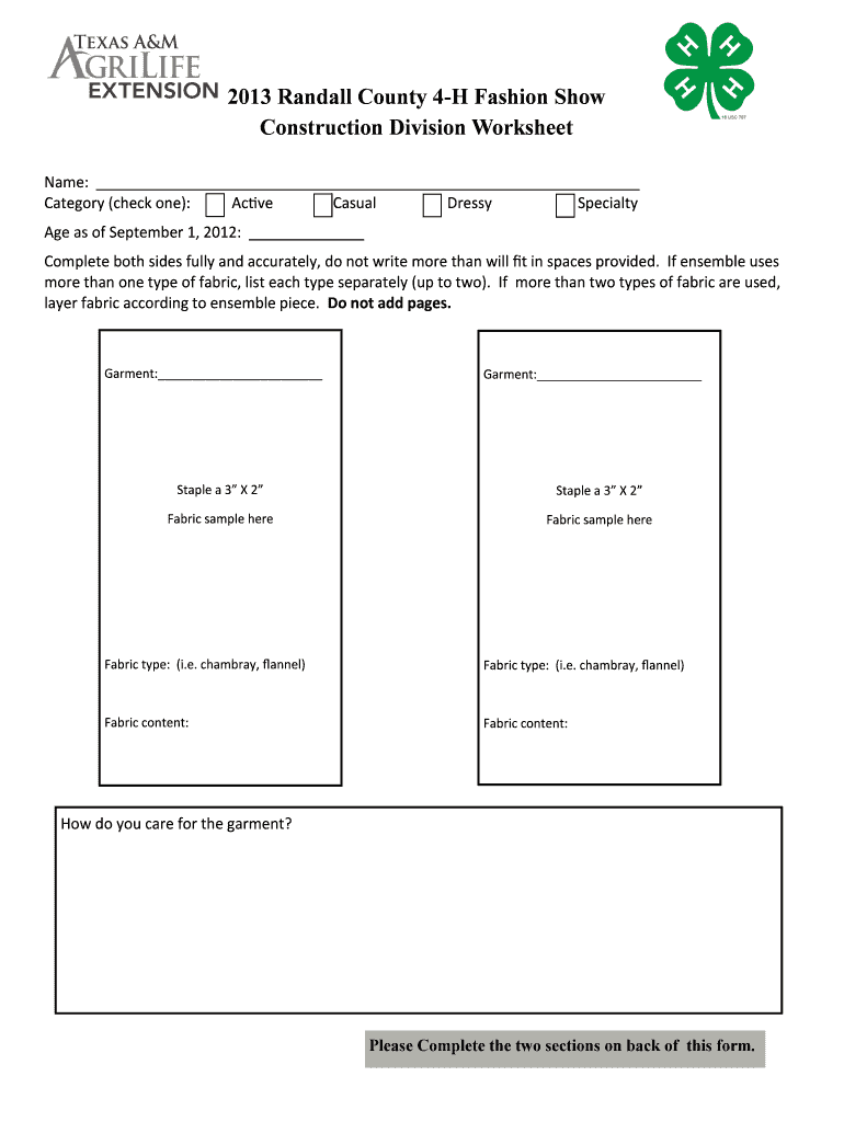 Fillable Online randall agrilife Construction Division Worksheet Fax ...