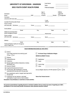 Fillable Online uhs wisc 2015 Youth Event Form - University Health ...