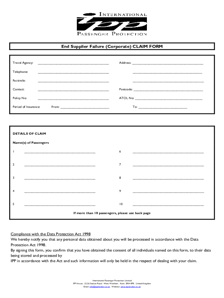 Fillable Online End Supplier Failure Corporate Claim Form - IPP ...