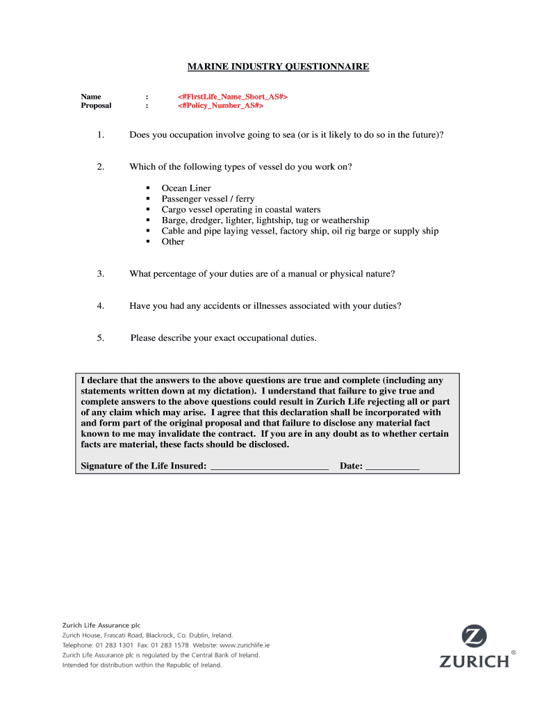Fillable Online MARINE INDUSTRY QUESTIONNAIRE 1 Does you bb - Zurich ...