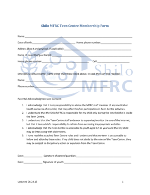 Fillable Online familyforce Shilo MFRC Teen Centre Membership Form ...