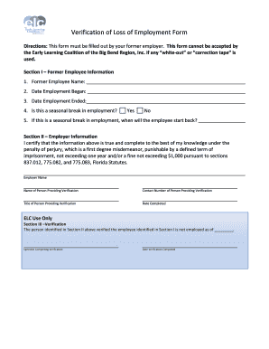 Fillable Online elcbigbend form - verification of loss of employment ...