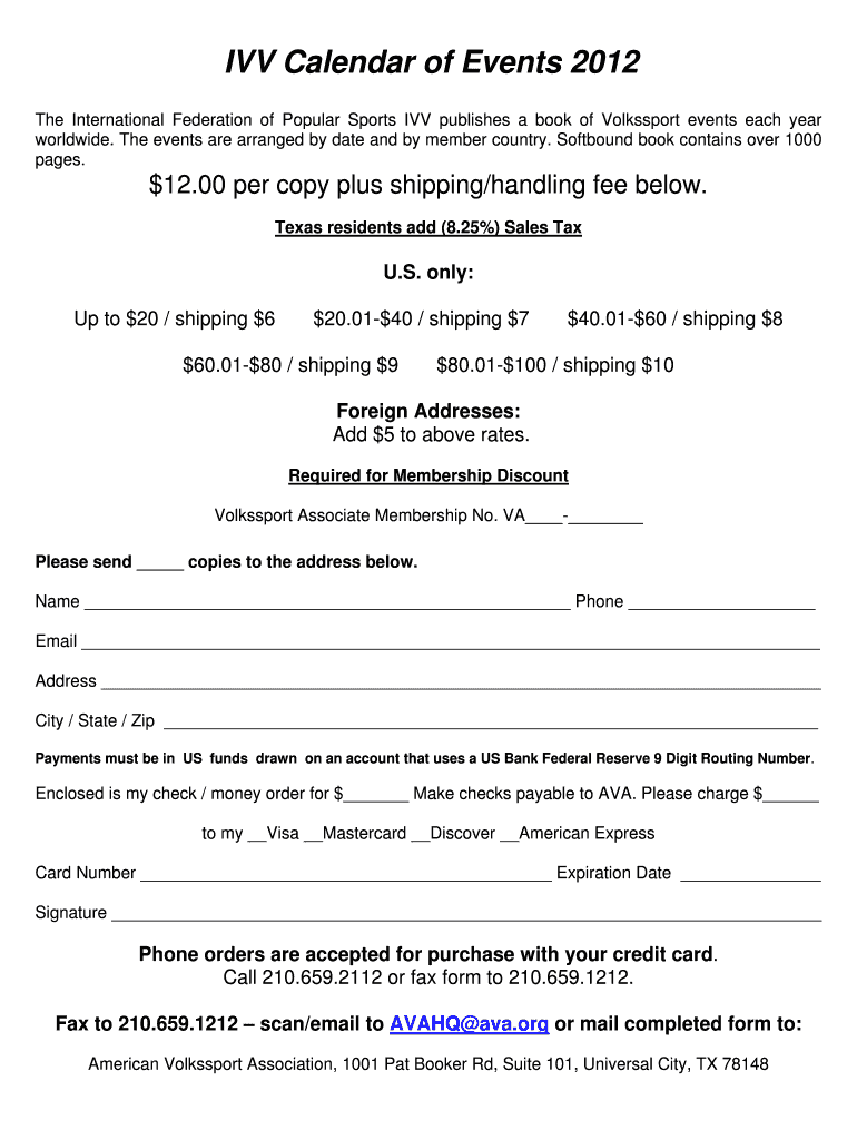 Fillable Online IVV Calendar of Event Book - AVAClubs.org Fax Email Print - pdfFiller