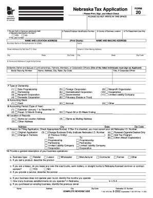 Fillable Online Nebraska Tax Application ne dep of FORM 20 Please Print ...