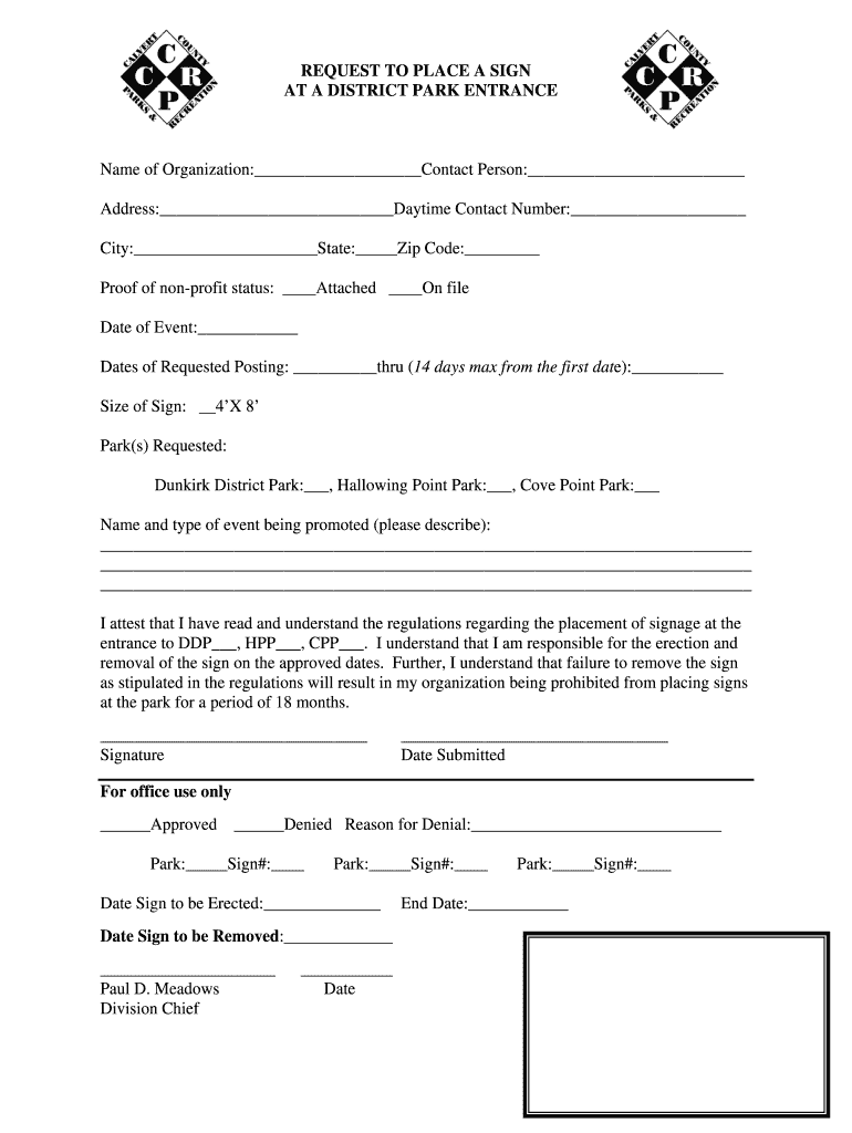 Fillable Online District Park Sign Rules and Application - Calvert County Fax Email Print ...