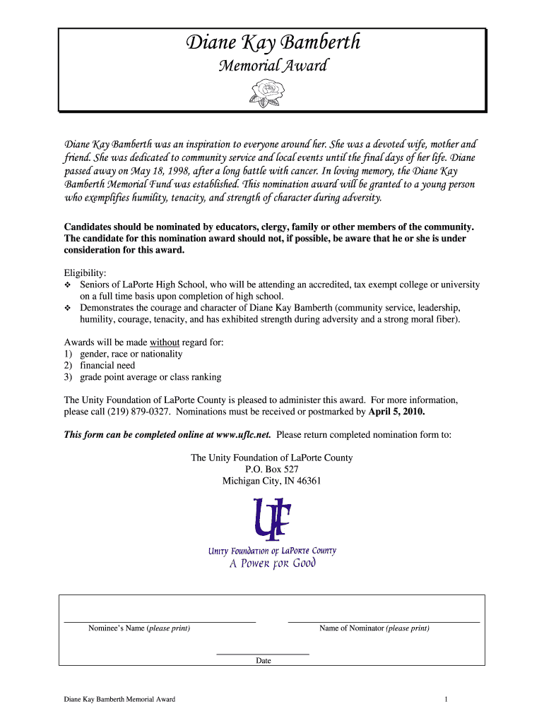 Fillable Online Diane Kay Bamberth Memorial Award - Unity Foundation of La Porte ... Fax Email ...