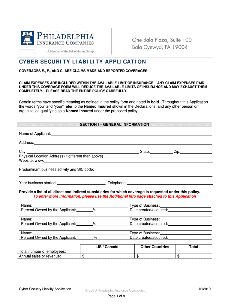 Fillable Online pia CYBER SECURITY LIABILITY APPLICATION - PIA Fax ...