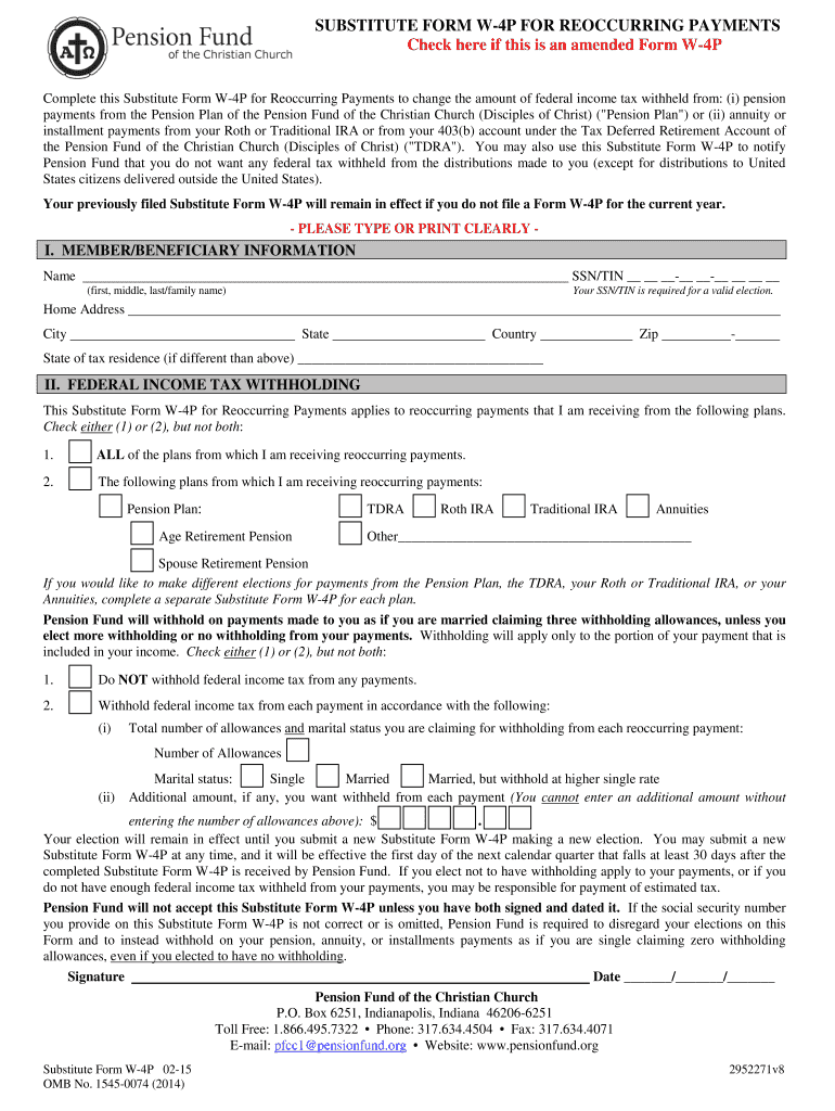 Fillable Online pensionfund SUBSTITUTE FORM W-4P FOR REOCCURRING ...