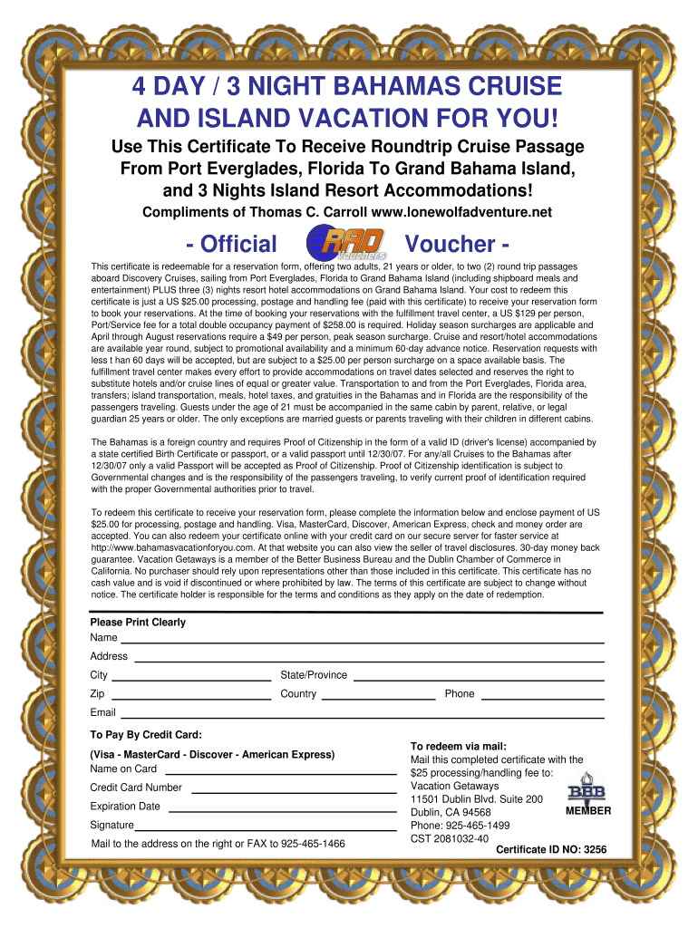 Fillable Online 4 DAY 3 NIGHT BAHAMAS CRUISE Fax Email Print - pdfFiller