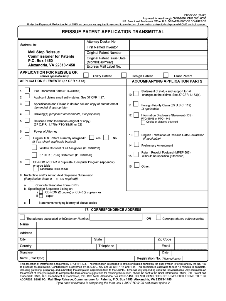 Fillable Online uspto Reissue Patent Application Transmittal - United ...