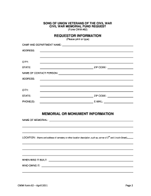 Fillable Online suvcw Form CWM-62: SUVCW Memorial Grant Application ...