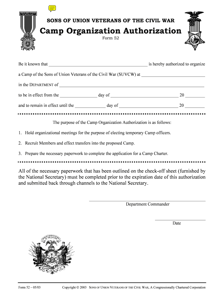 Fillable Online suvcw Form 52: Camp Organization Authorization - Sons ...