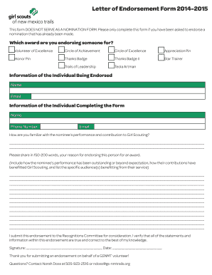Fillable Online nmgirlscouts Letter of Endorsement Form 2014-2015 Fax Email Print - pdfFiller