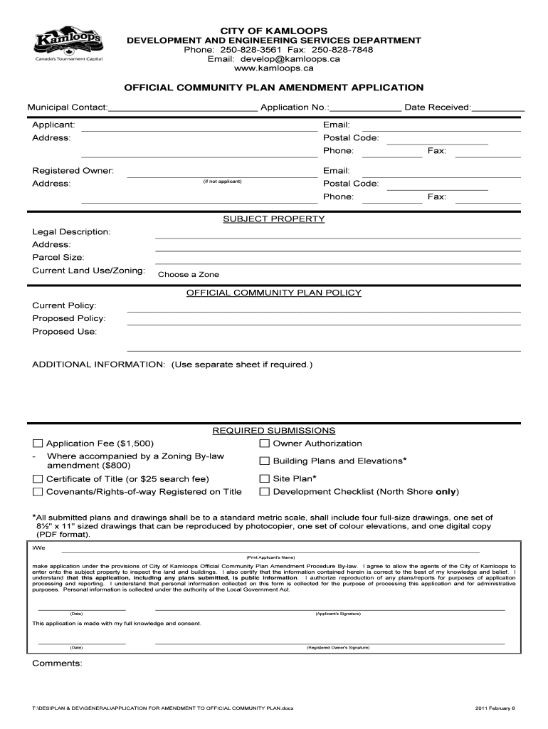 Fillable Online kamloops OFFICIAL COMMUNITY PLAN AMENDMENT APPLICATION Fax Email Print - pdfFiller