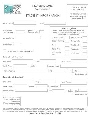 Fillable Online marinschoolofthearts MSA Student Information form 2015 ...