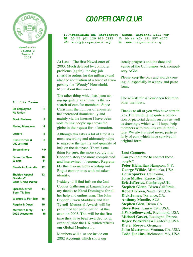 Fillable Online coopercars C00PER CAR CLUB - Cooper Cars - coopercars ...