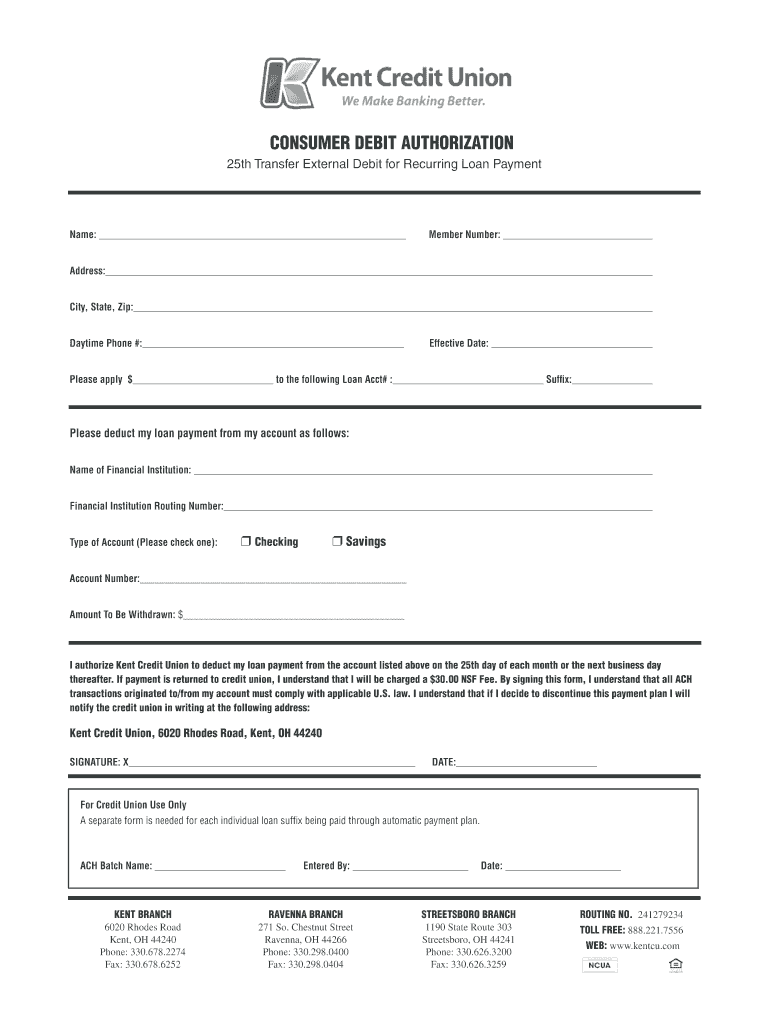 Fillable Online ACH Debit Authorization Form (PDF) - Kent Credit Union ...