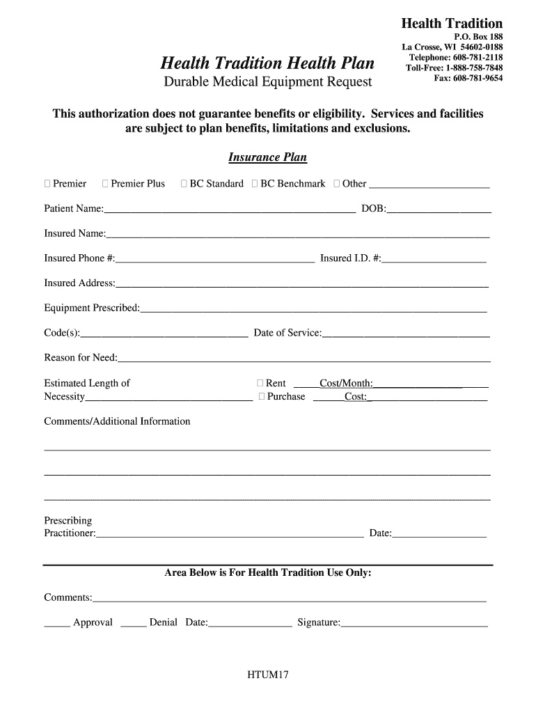 Fillable Online DME Request Form - Health Tradition Health Plan Fax ...