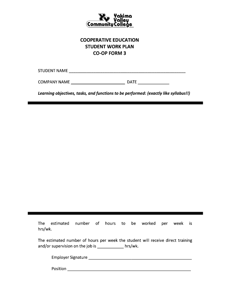 Fillable Online yvcc Cooperative education student work plan co-op form ...